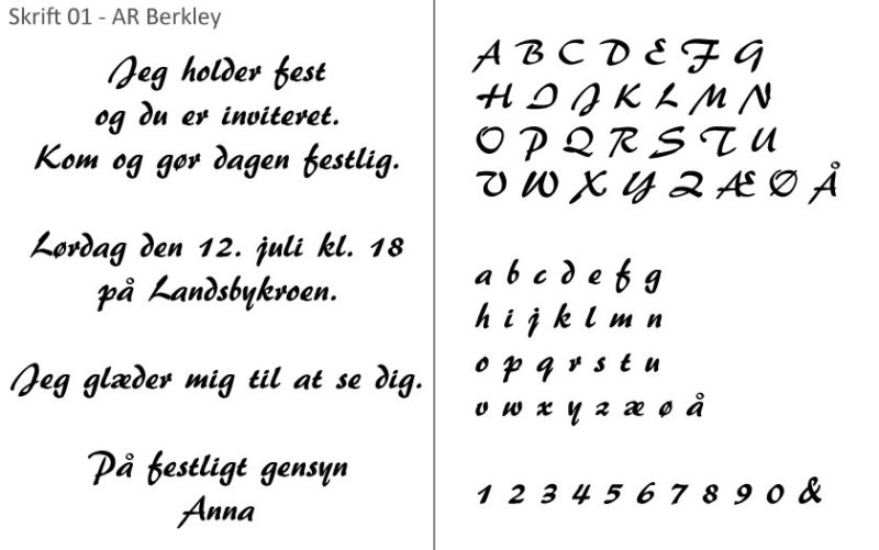 Se et udvalg af skrifttyper du kan vælge mellem til dine festkort