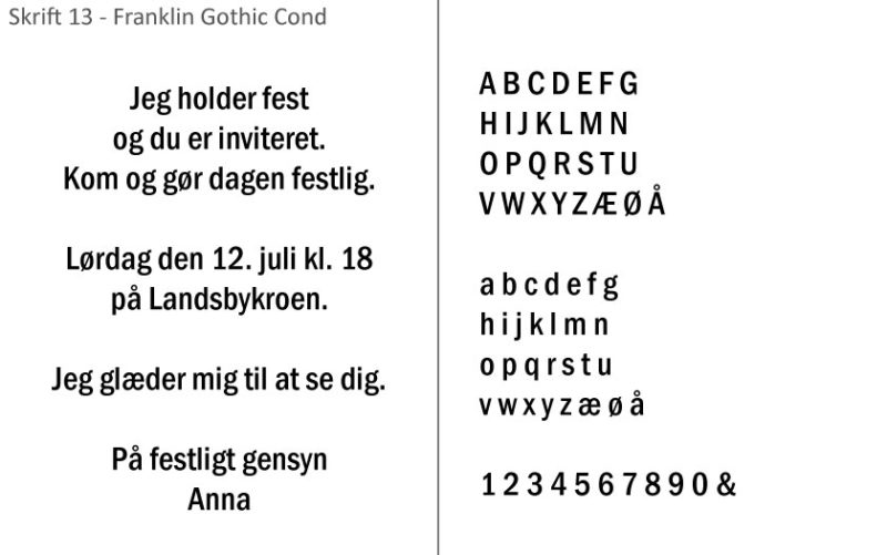 Se et udvalg af skrifttyper du kan vælge mellem til dine festkort