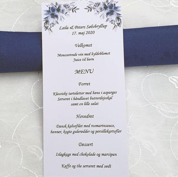 Bestil print af menukort med blomster til din fest. Personligt og flot