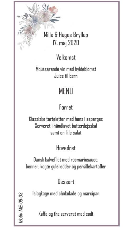 Bestil menukort med akvarel blomster. Flere varianter. Personligt print