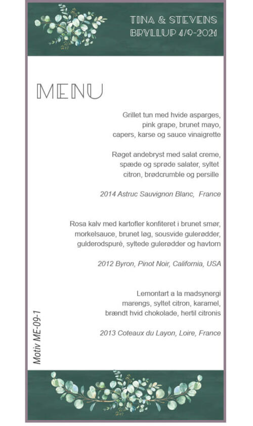 Bestil menukort med eucalyptus. Flere varianter. Personligt print